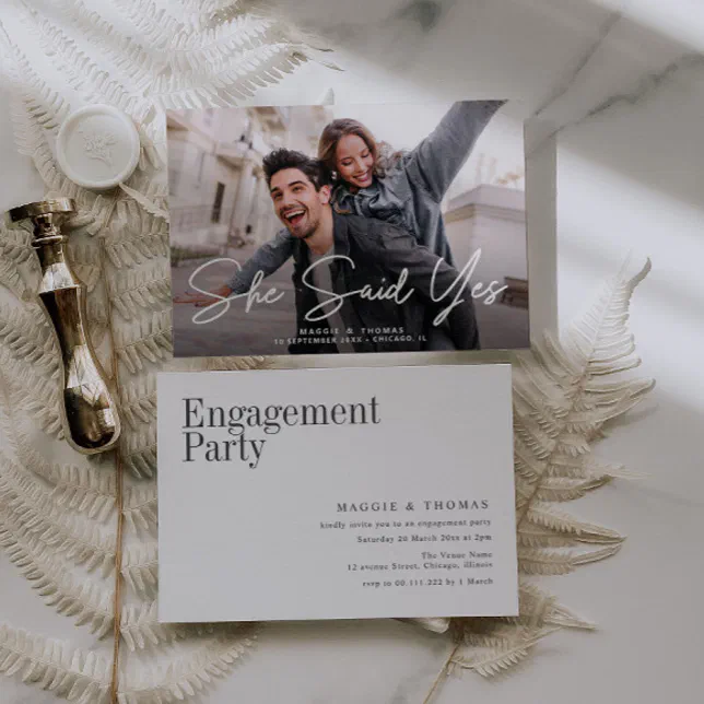 she said yes modern script photo engagement invitation | Zazzle
