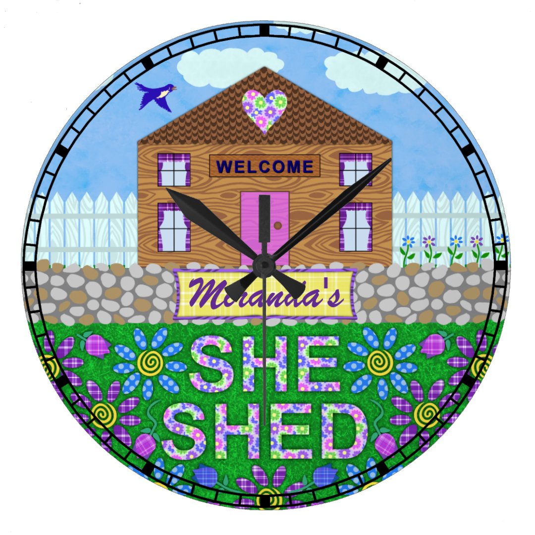She Shed Woman Cave Custom Name Garden Hut Large Clock | Zazzle