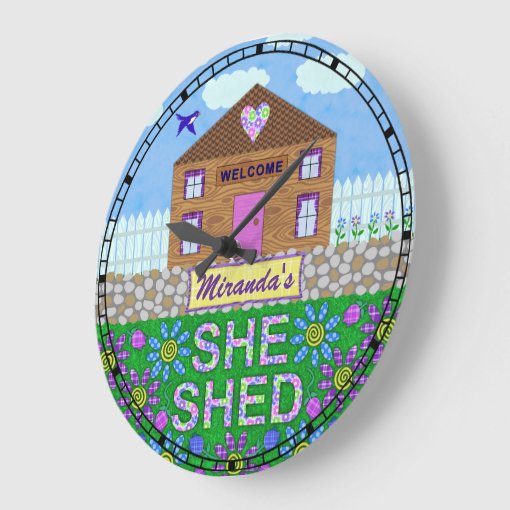 She Shed Woman Cave Custom Name Garden Hut Large Clock | Zazzle