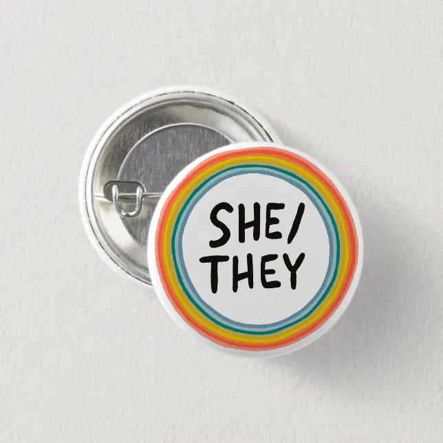 SHE/THEY Pronouns Rainbow Soft Circle Ring Button | Zazzle