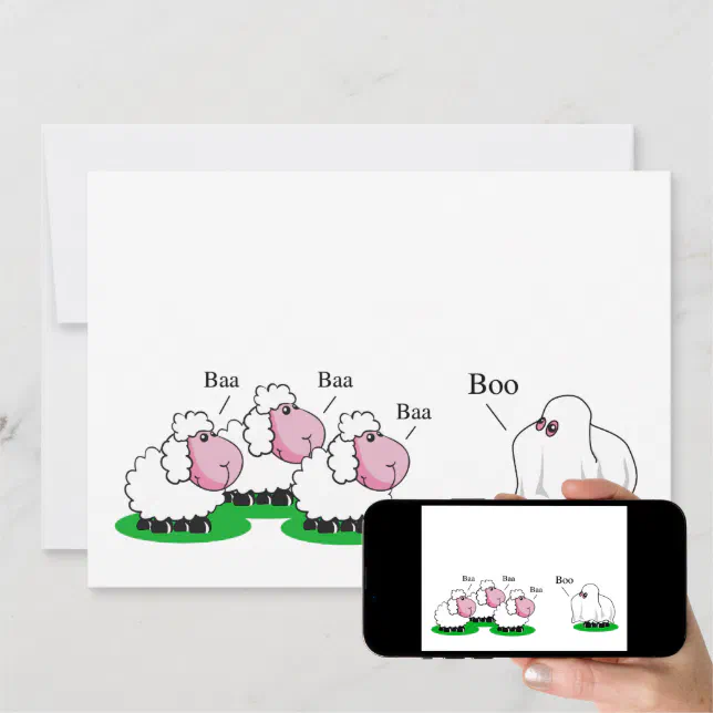 Sheep dressed up as a Halloween ghost going "Boo", Card | Zazzle