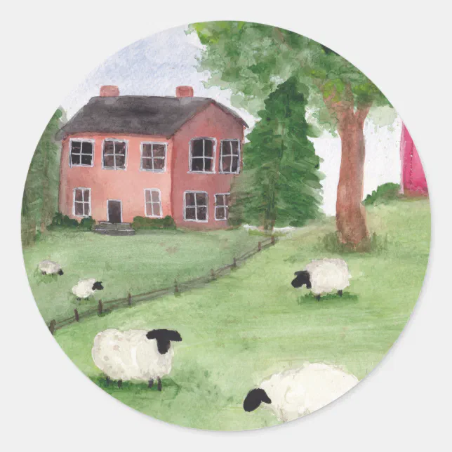 Sheep Farm Landscape Classic Round Sticker | Zazzle