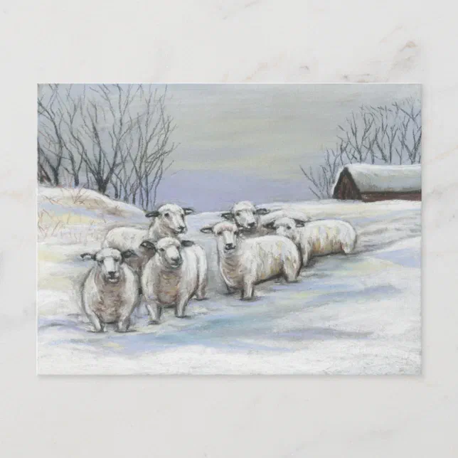 Sheep in the Snow Art Postcard | Zazzle