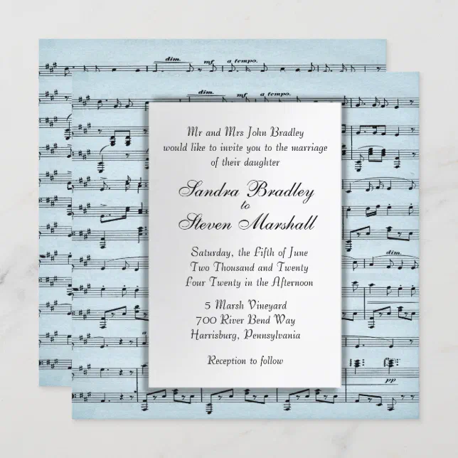 Sheet Music Blue Wedding Invitation | Zazzle