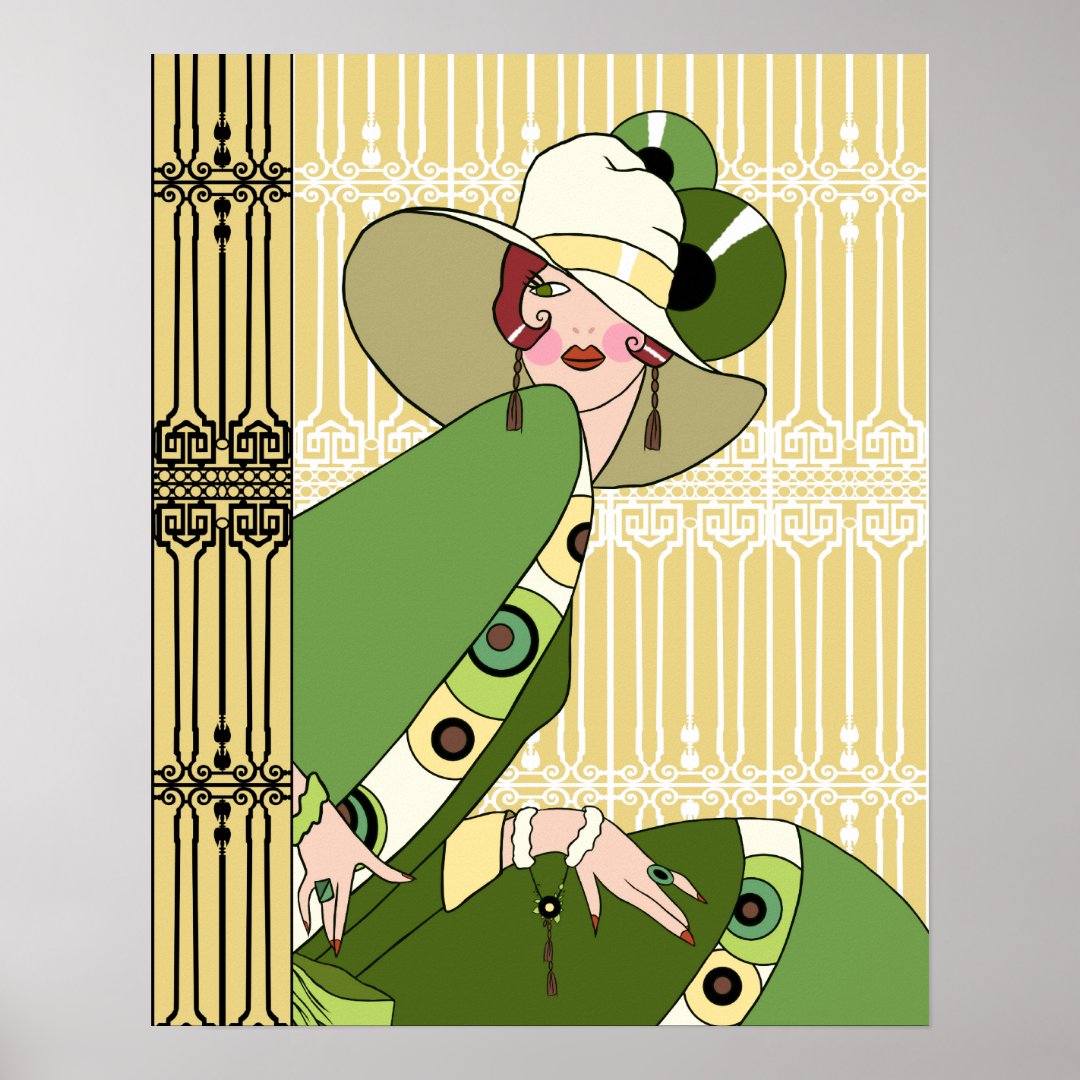 Shelby, 1920s Art Deco Lady in Yellow and Olive Poster | Zazzle