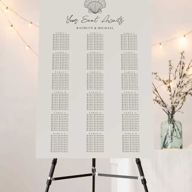 Shell Beach Coastal Wedding 18 Table Seating Chart Foam Board | Zazzle