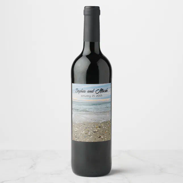 Shell Beach Sunrise Wedding Wine Bottle Labels | Zazzle