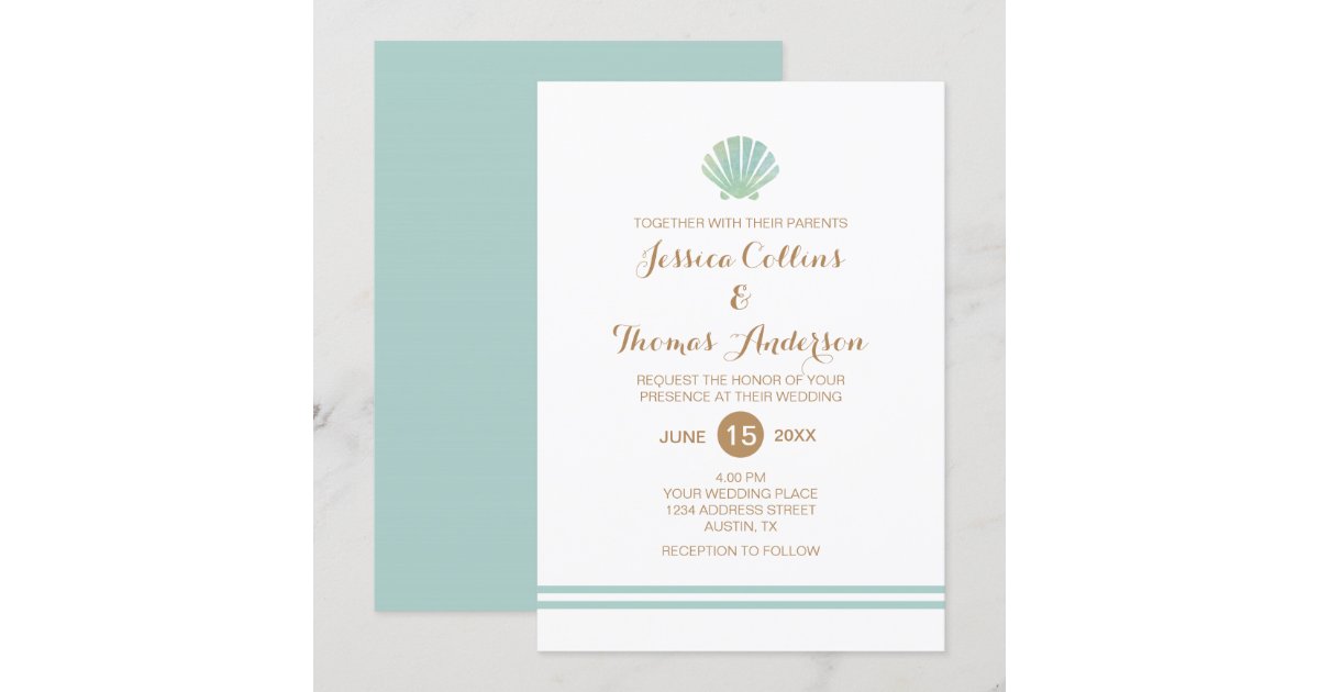 Shell Watercolor Aqua Wedding Invitation Card | Zazzle