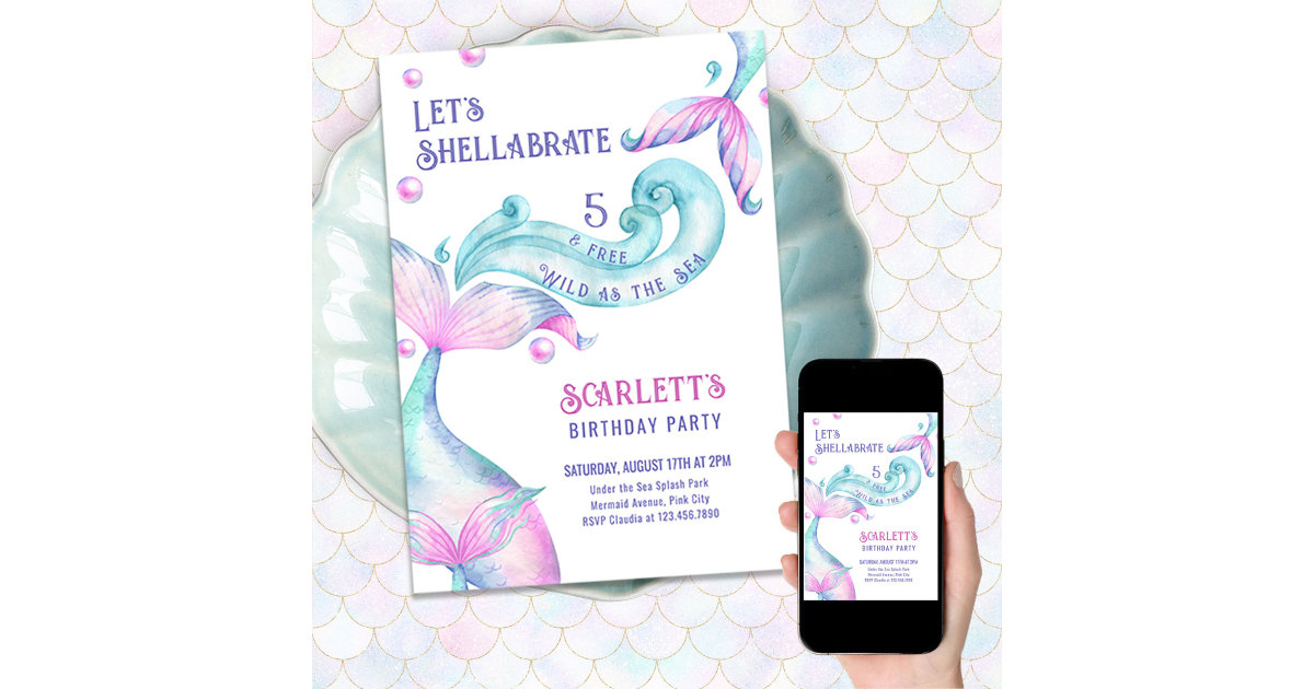 Shellabrate Mermaid Tails Wild as the Sea Birthday Invitation | Zazzle