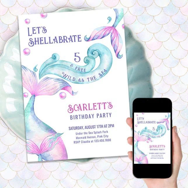 Shellabrate Mermaid Tails Wild as the Sea Birthday Invitation | Zazzle