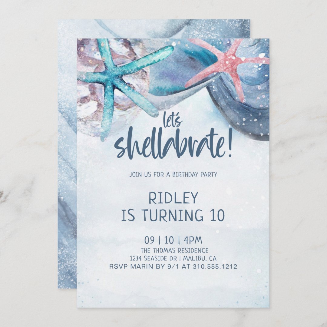 Shellabration | Beach Starfish Seashells Birthday Invitation | Zazzle