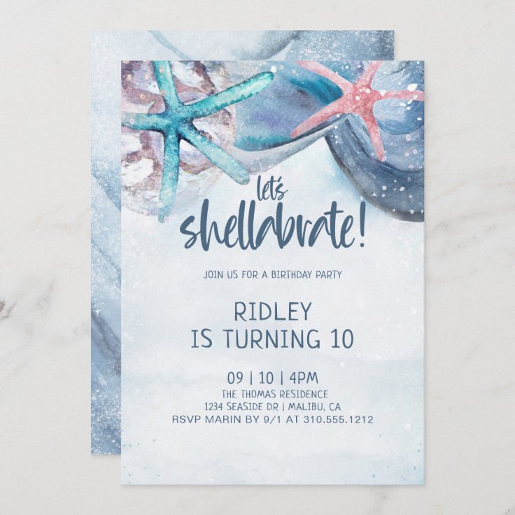 Shellabration | Beach Starfish Seashells Birthday Invitation | Zazzle