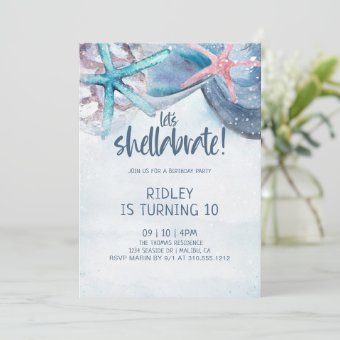 Shellabration | Beach Starfish Seashells Birthday Invitation | Zazzle