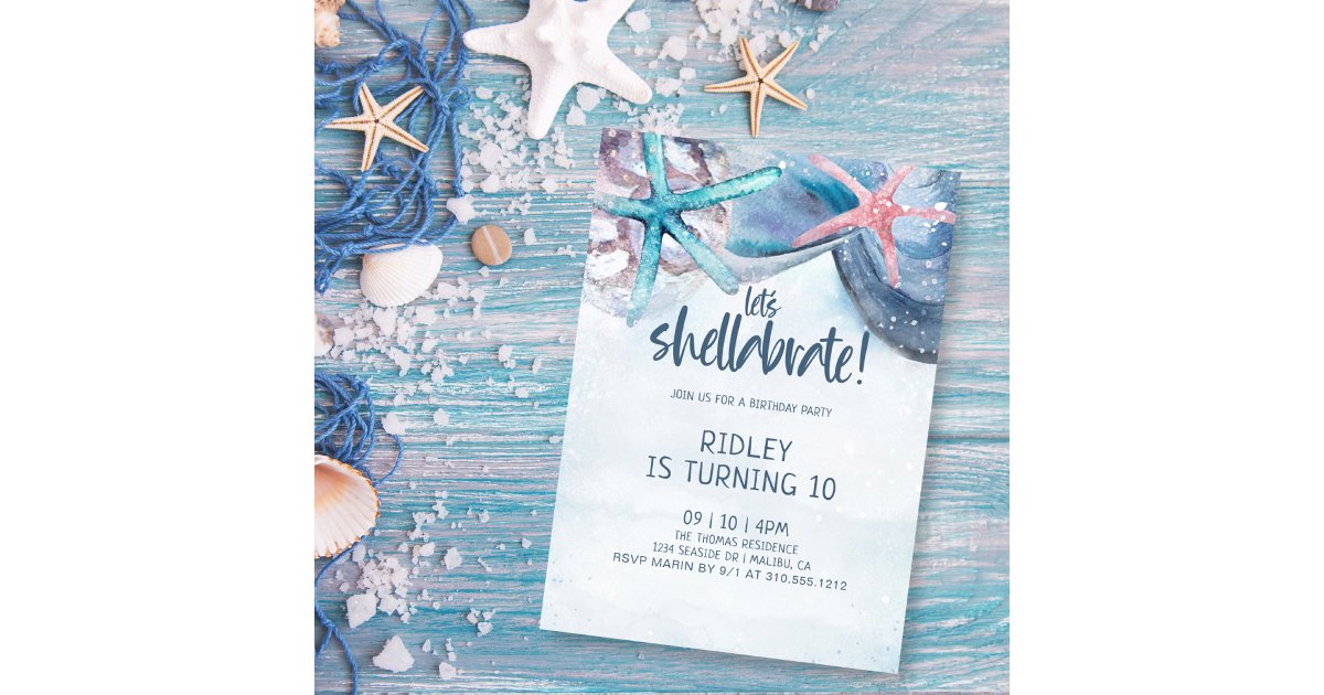 Shellabration | Beach Starfish Seashells Birthday Invitation | Zazzle