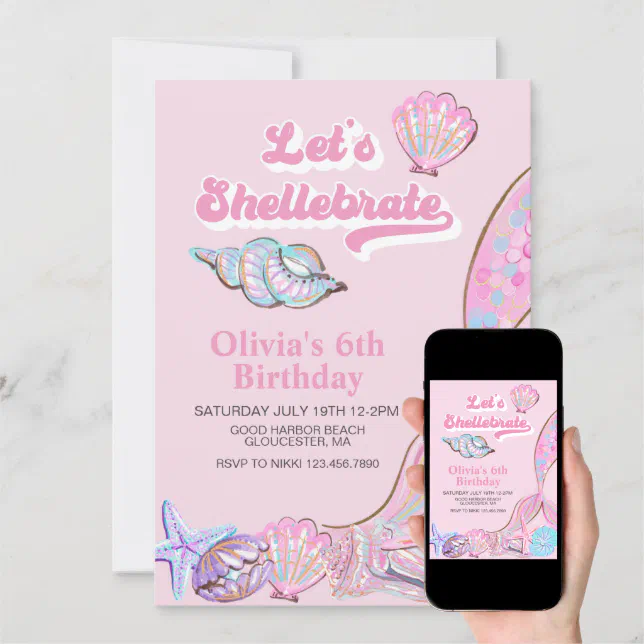 Shellebrate Seashell and mermaid Birthday Invitation | Zazzle