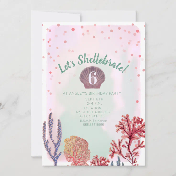 Shellebrate Watercolor Confetti Coral Birthday Invitation | Zazzle