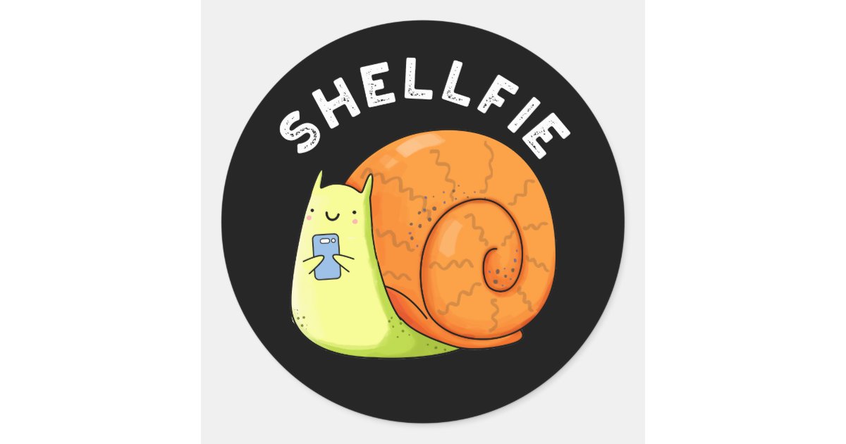 Shellfie Funny Snail Selfie Pun Dark BG Classic Round Sticker | Zazzle