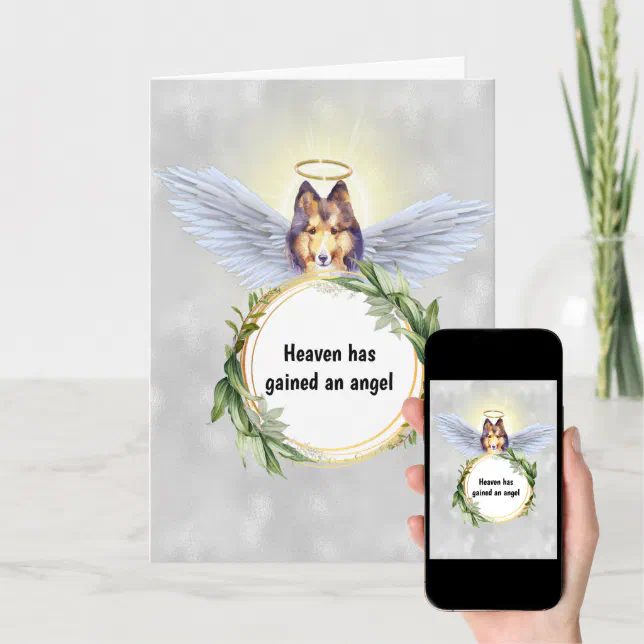 Sheltie dog angel wings halo wreath heaven card | Zazzle