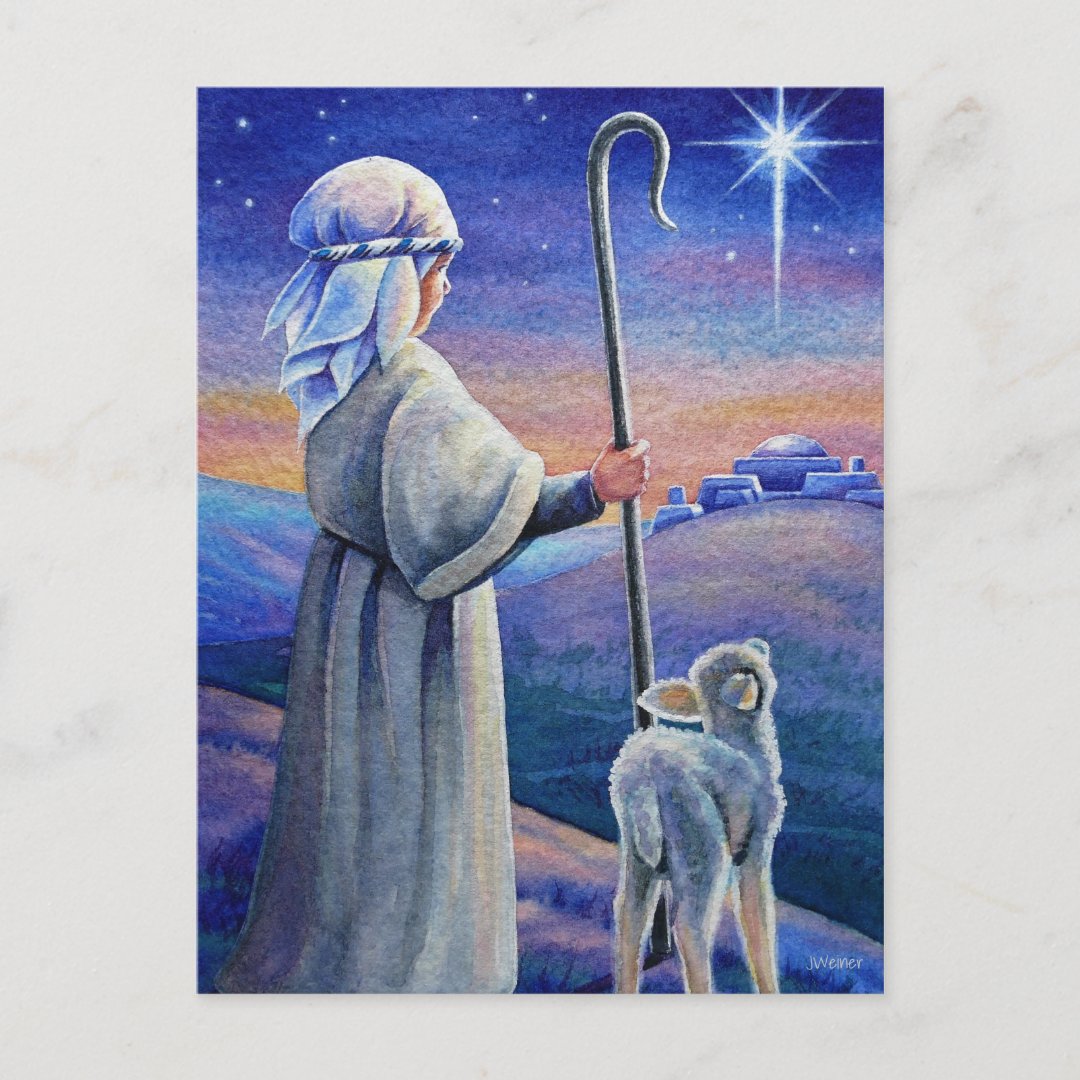 Shepherd Boy Lamb & Star Christmas Watercolor Art Postcard | Zazzle