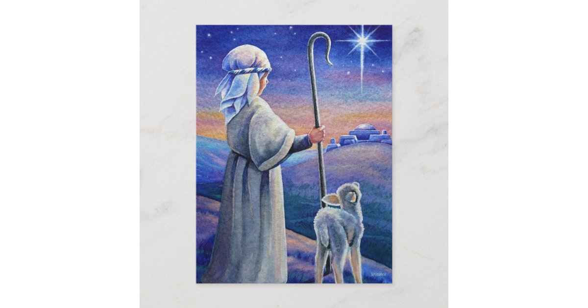 Shepherd Boy Lamb & Star Christmas Watercolor Art Postcard | Zazzle