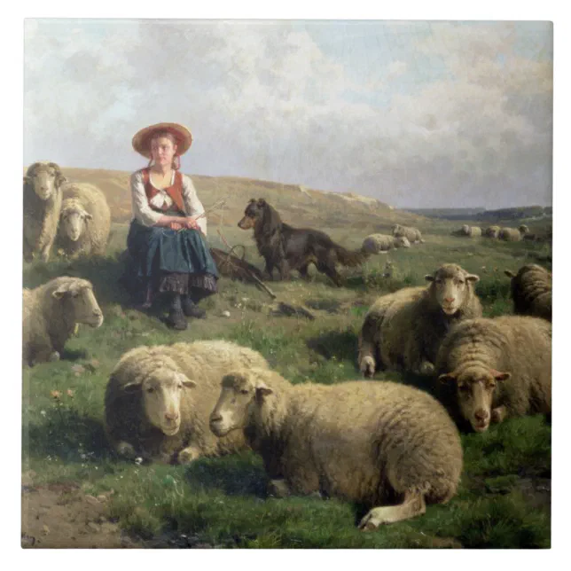 Shepherdess with Sheep in a Landscape Tile | Zazzle