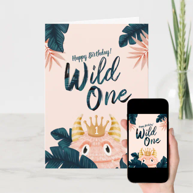 She's a Wild One Pink Monster & Tropical Jungle Card | Zazzle