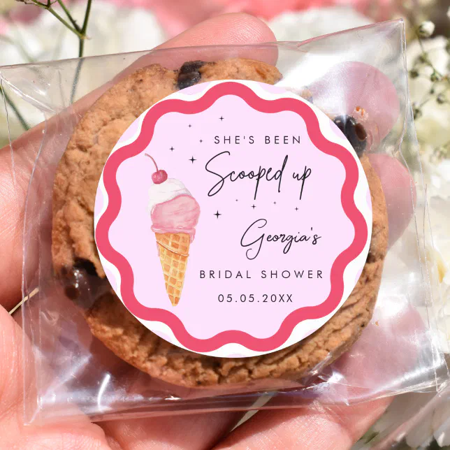 She's Been Scooped Up Pink Red Wavy Bridal Shower Classic Round Sticker ...