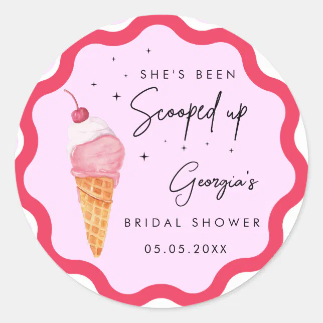 She's Been Scooped Up Pink Red Wavy Bridal Shower Classic Round Sticker ...