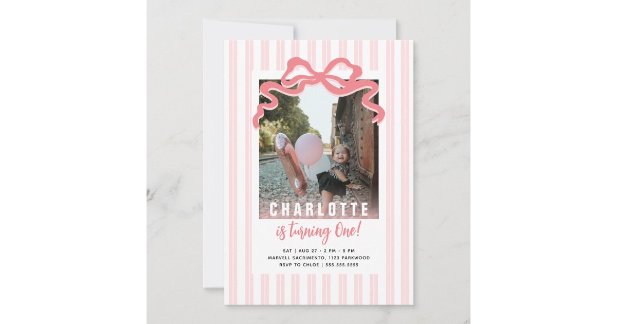 She's Turning One Stripes Pink Bow Photo Birthday Invitation | Zazzle