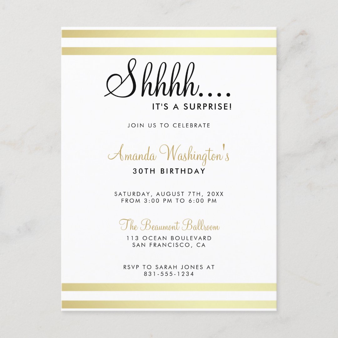 Shh... It's A Surprise! Modern Gold Birthday Party Invitation Postcard ...