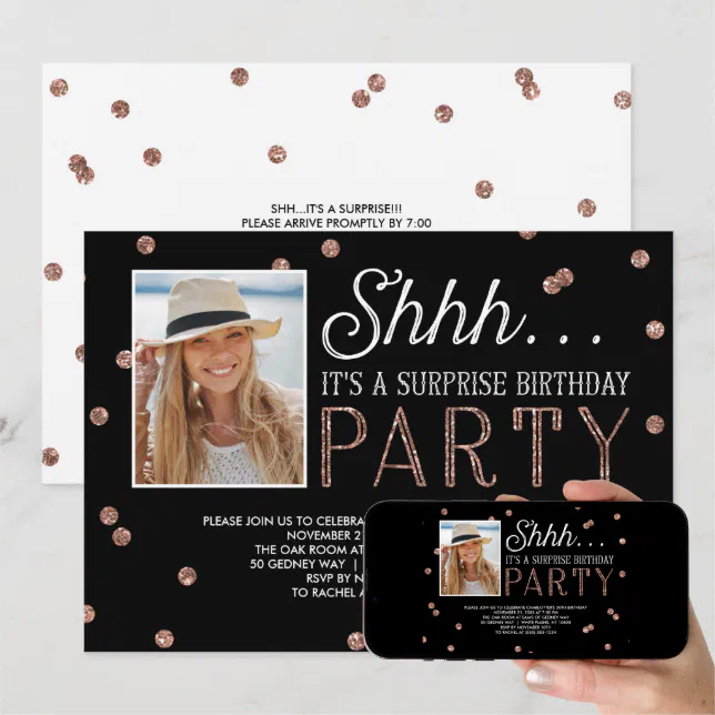 Shh Surprise Bday Party Glitter Photo Invitation | Zazzle