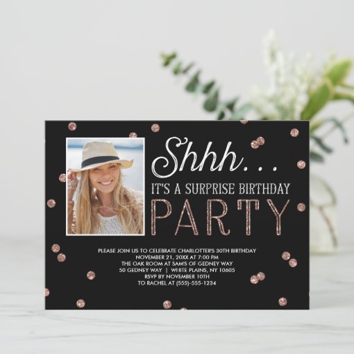 Shh Surprise Bday Party Glitter Photo Invitation | Zazzle