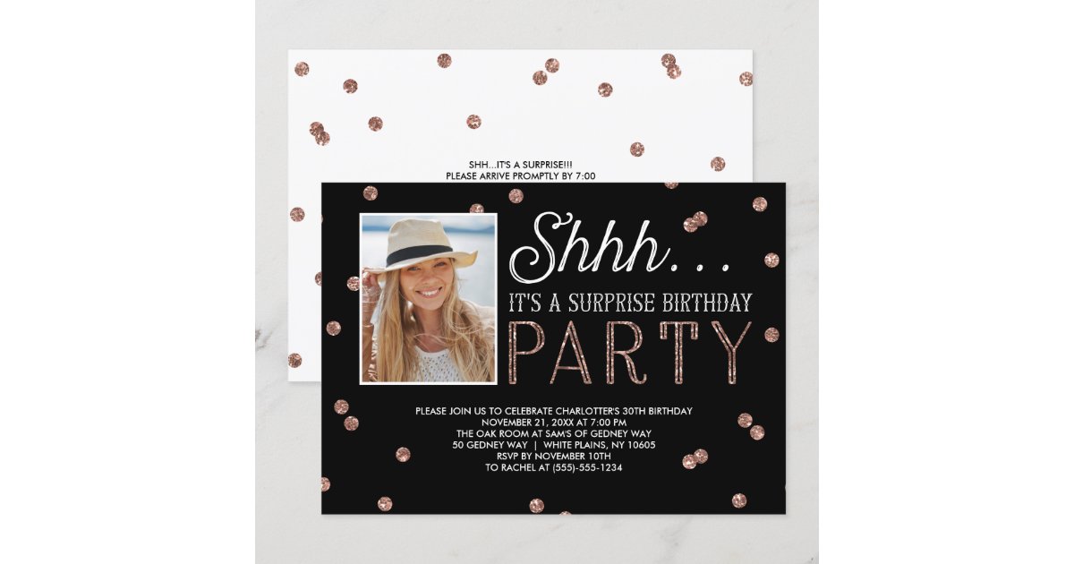 Shh Surprise Bday Party Glitter Photo Invitation | Zazzle