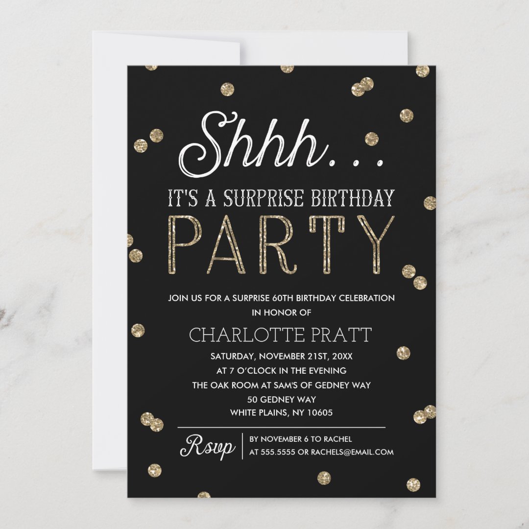 Shh Surprise Birthday Party Faux Glitter Confetti Invitation | Zazzle