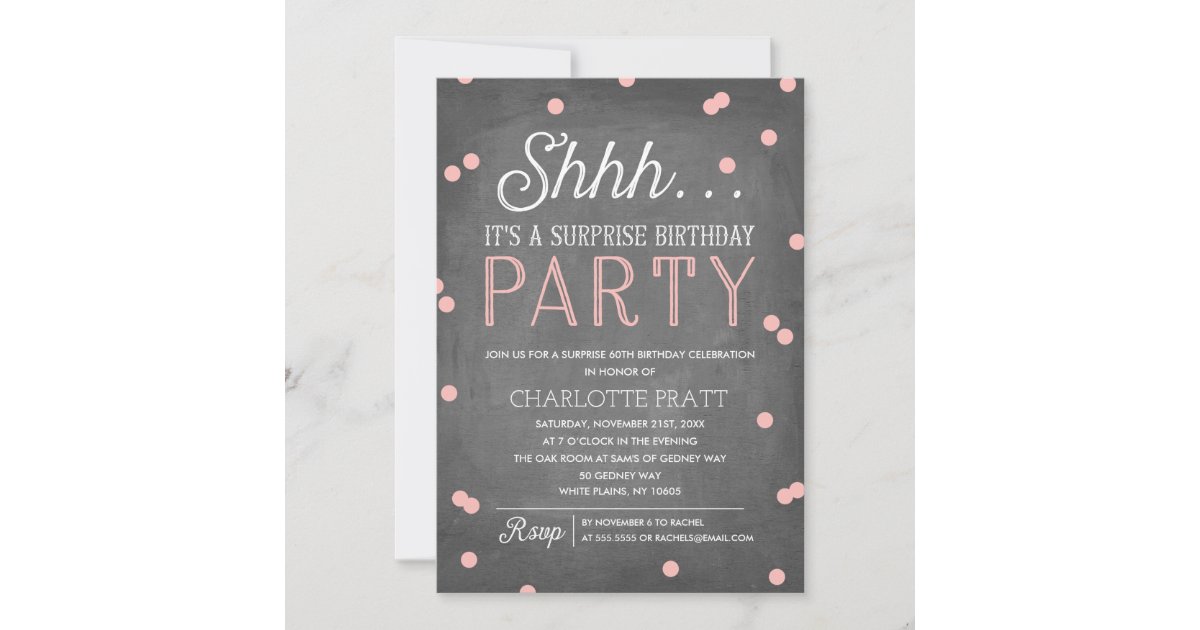 Shh Surprise Birthday Party Pink and Chalkboard Invitation | Zazzle