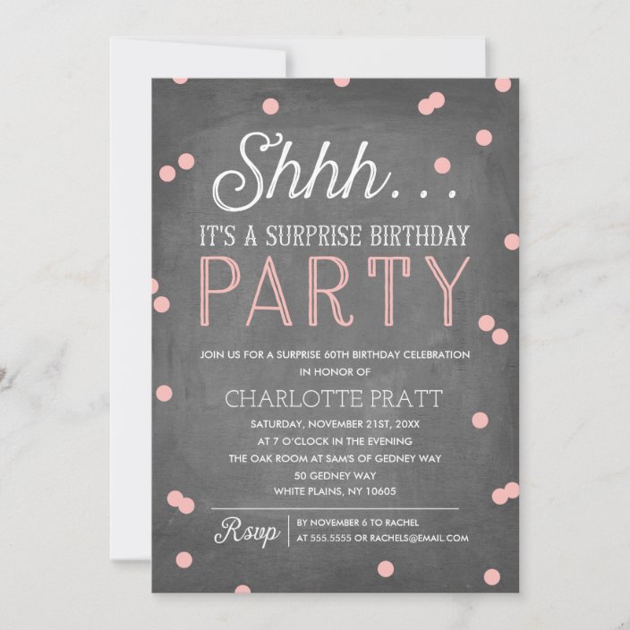 Shh Surprise Birthday Party Pink and Chalkboard Invitation | Zazzle.com