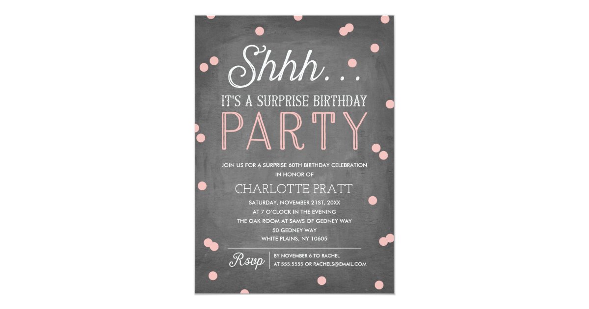 Shh Surprise Birthday Party Pink and Chalkboard Invitation | Zazzle.com