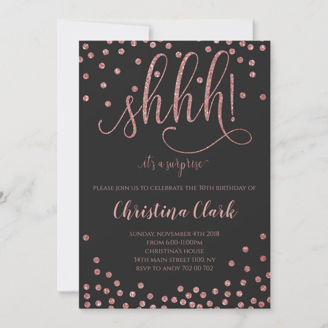 Shh Surprise Birthday Party Rose Gold Confetti Invitation | Zazzle