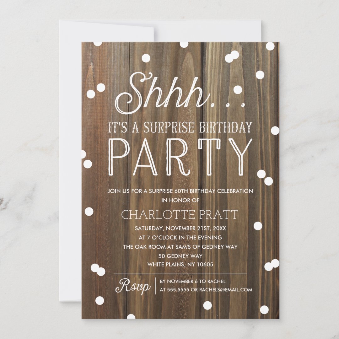 Shh Surprise Birthday Party Rustic Wood Thank You Card | Zazzle