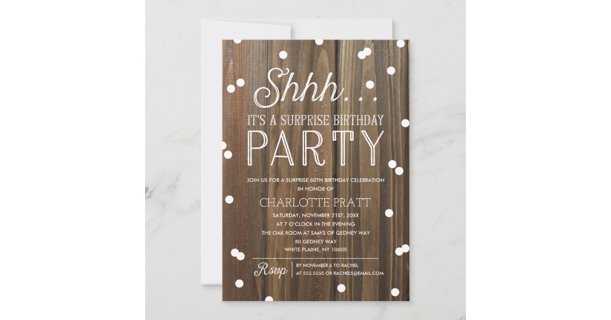 Shh Surprise Birthday Party Rustic Wood Thank You Card | Zazzle