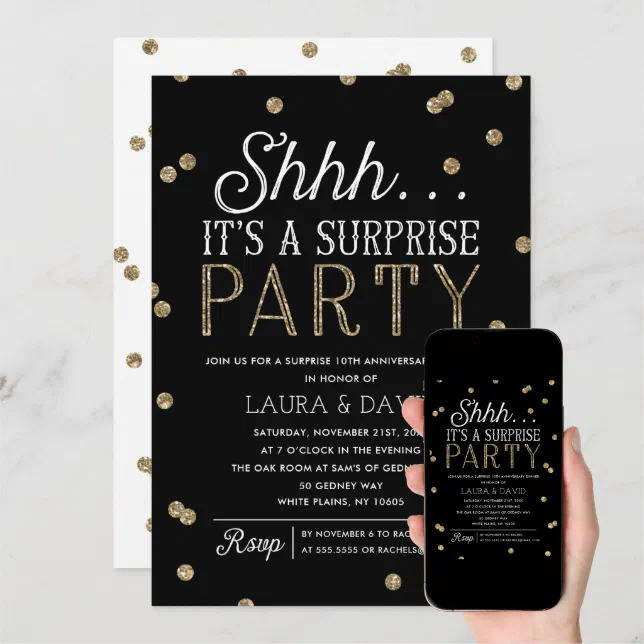 Shh Surprise Party Faux Gold Glitter Confetti Invitation | Zazzle