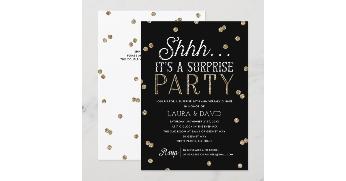Shh Surprise Party Faux Gold Glitter Confetti Invitation | Zazzle