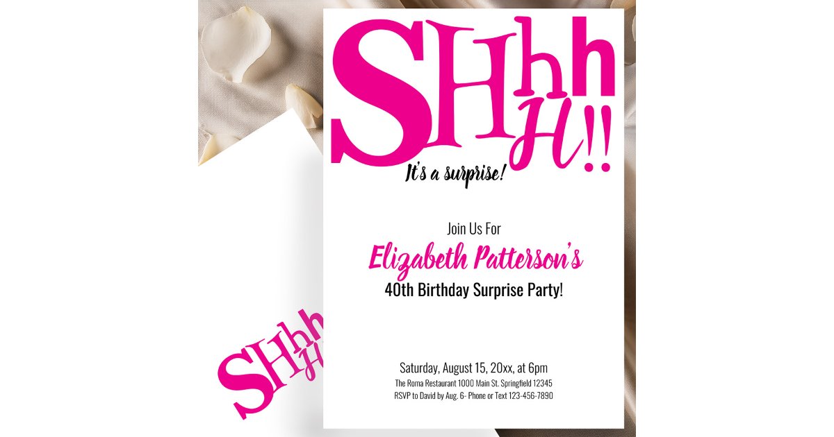 Shhh It's a Surprise Birthday Party 40 Adult Pink Invitation | Zazzle