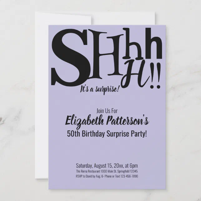 Shhh It's a Surprise Birthday Party Adult Purple Invitation | Zazzle