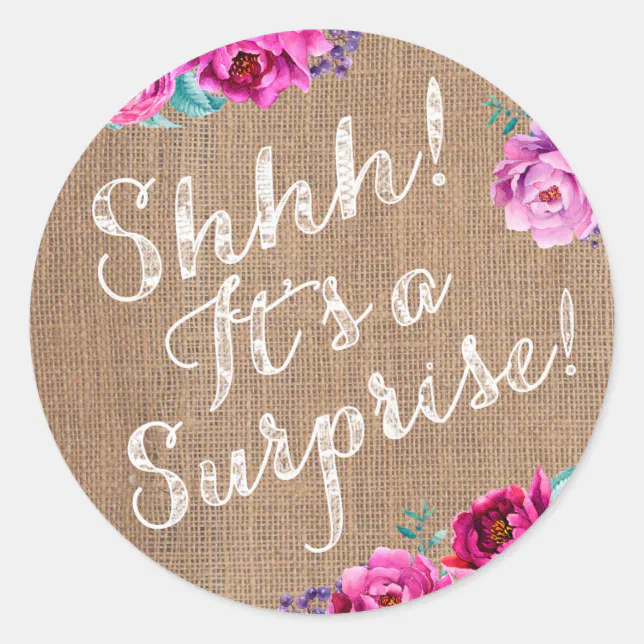 Shhh! Purple surprise party envelope stickers | Zazzle