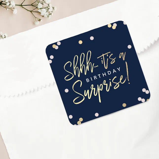 Shhh... Surprise Birthday Party Favor Square Sticker | Zazzle