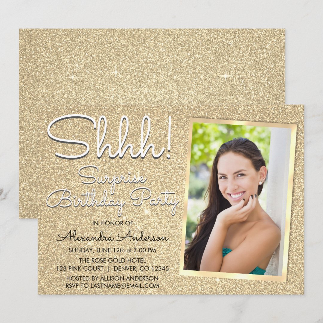 Shhh! Surprise Gold Birthday Party Photo Invitation | Zazzle