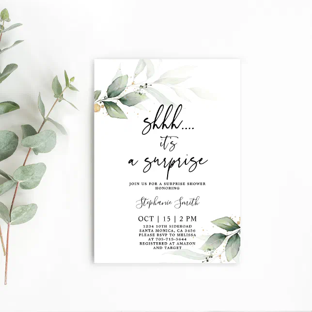 Shhh Surprise Greenery Bridal Shower Invitation | Zazzle