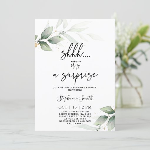 Shhh Surprise Greenery Bridal Shower Invitation | Zazzle