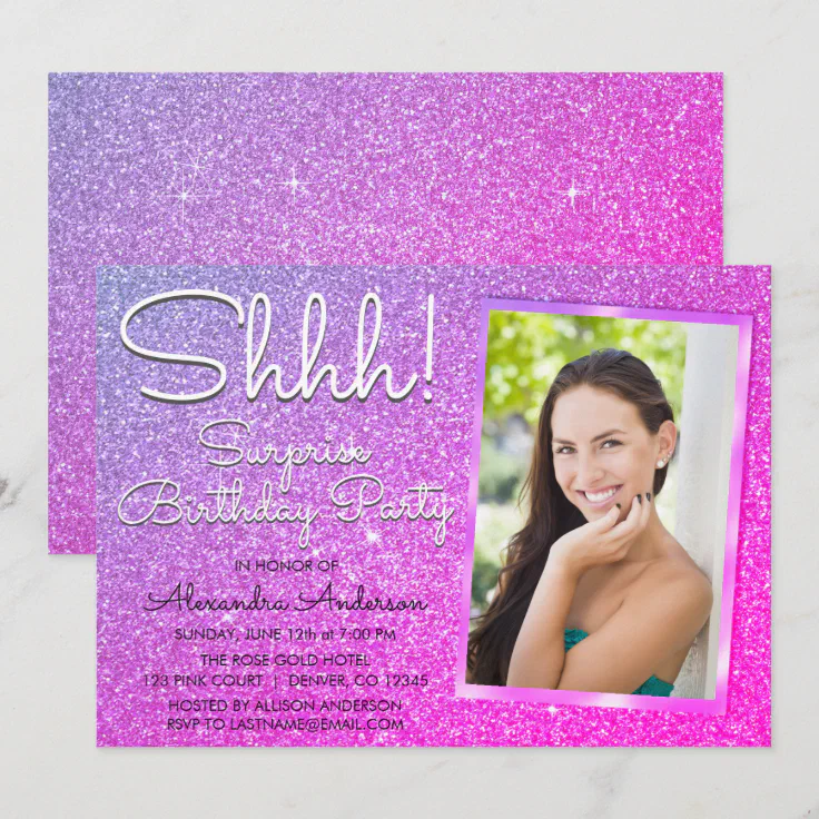 Shhh! Surprise Purple Pink Birthday Party Photo Invitation | Zazzle